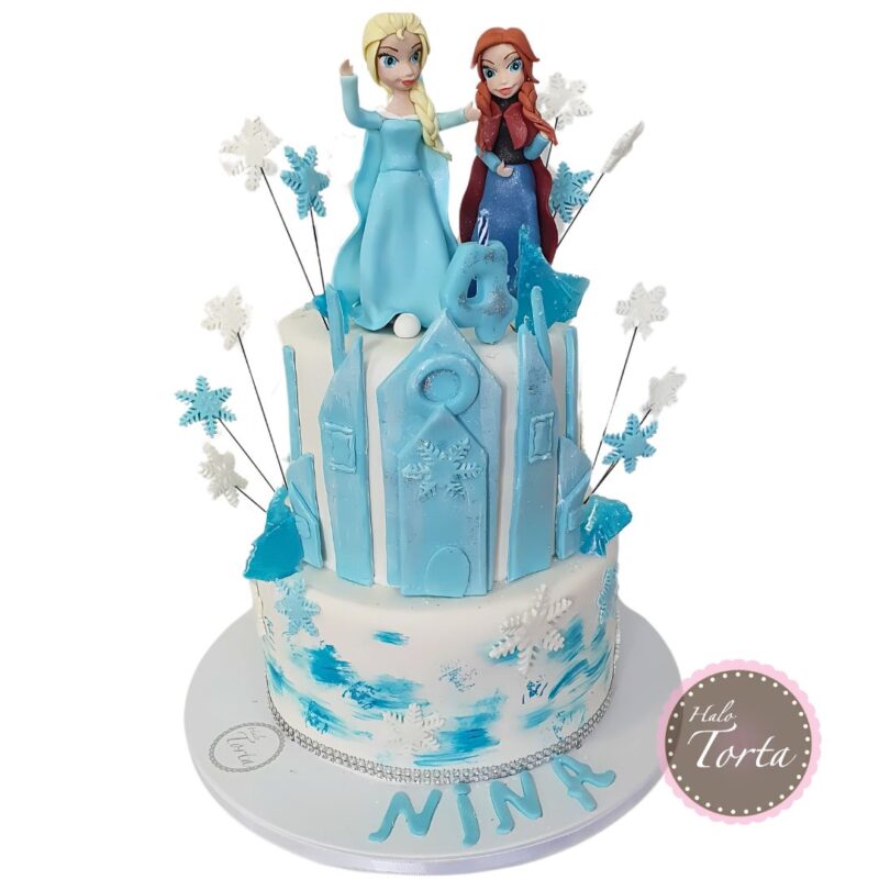 Ana i Elsa na torti sa zamkom - Halo torta Beograd